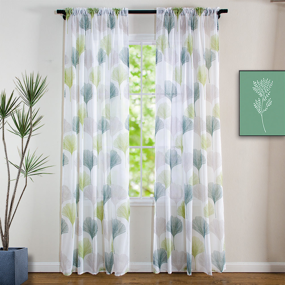 Linentalks Pattern Sheer Curtain, Ginkgo leaf Print Sheer Curtains 2 P ...