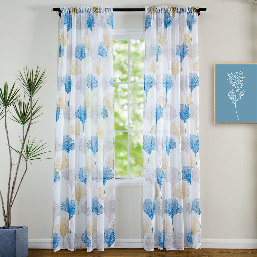 Linentalks Pattern Sheer Curtain, Ginkgo leaf Print Sheer Curtains 2 P ...